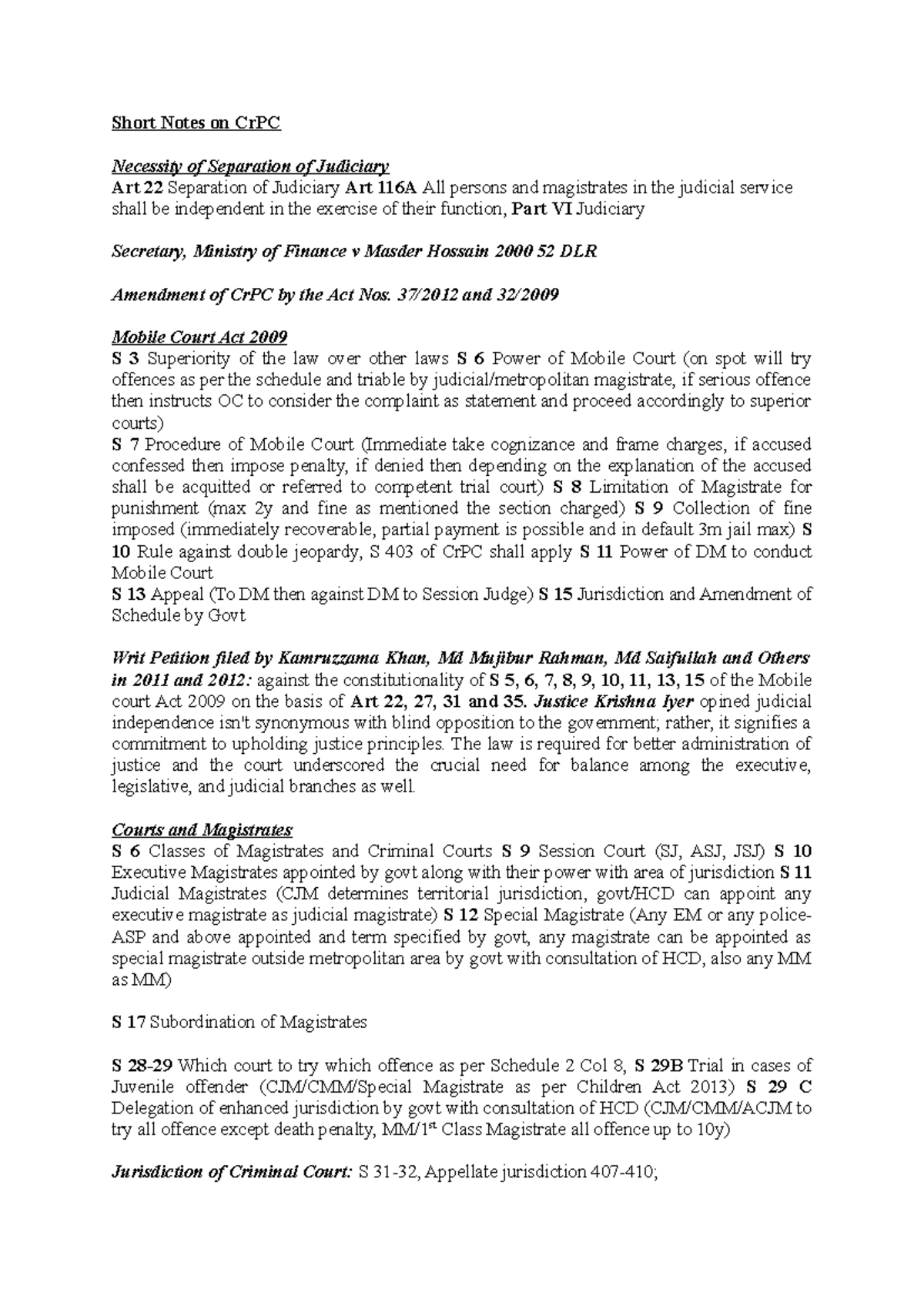 Short Notes on CrPC: Separation of Judiciary & Mobile Court Act - Studocu