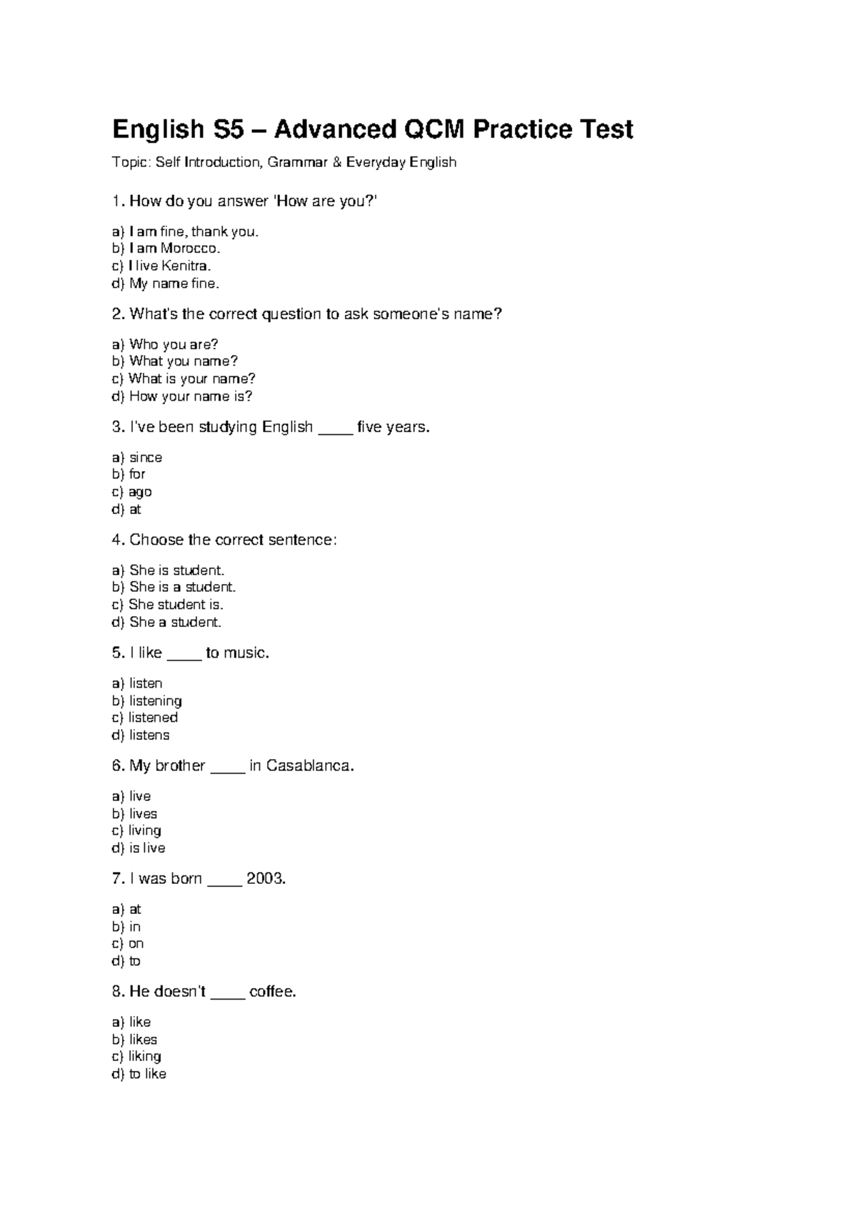 QCM English S5 Advanced Practice: Self Introduction & Grammar Test ...