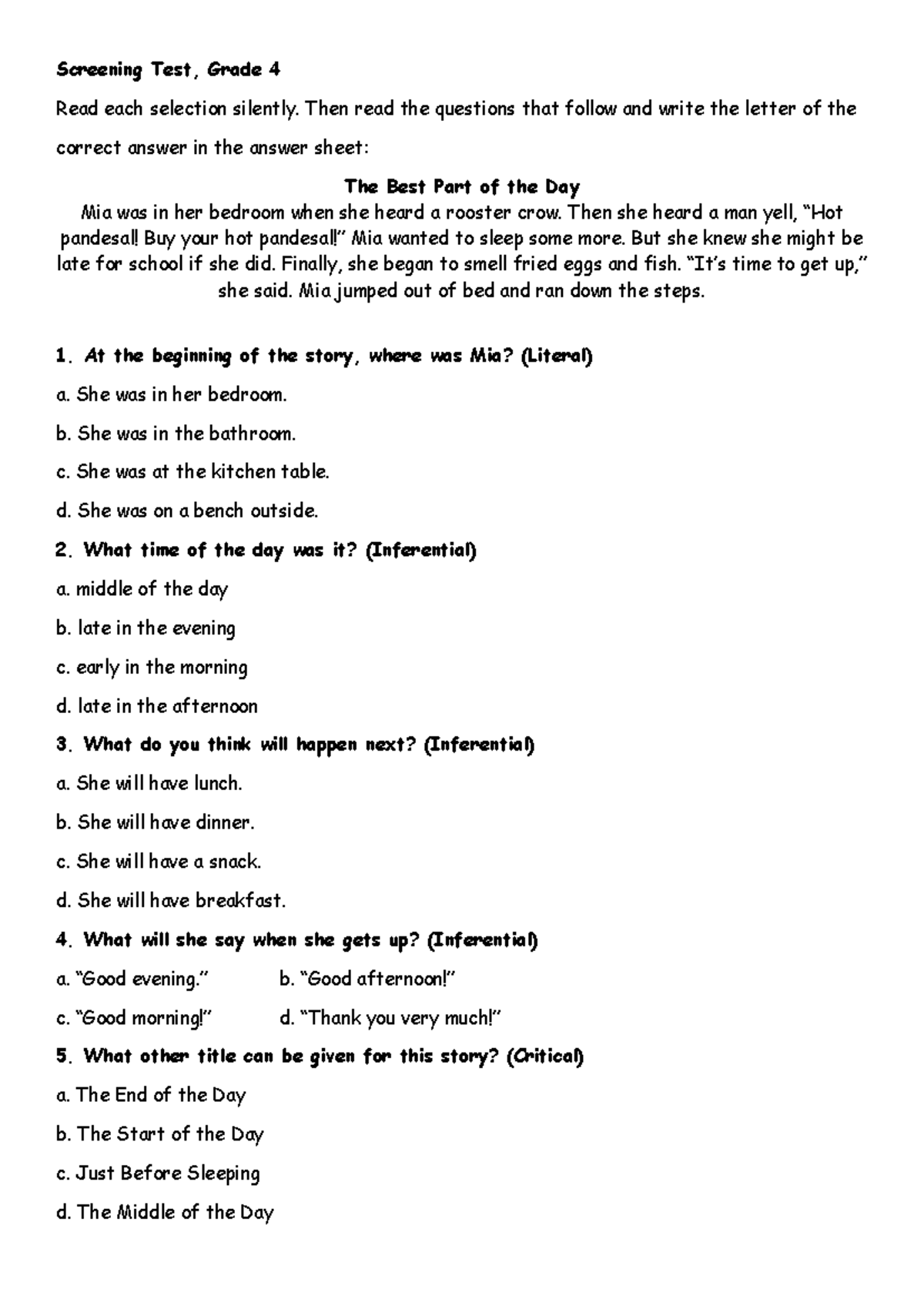 Grade 4 Screening Test: Comprehension on The Best Part of the Day, Ice ...