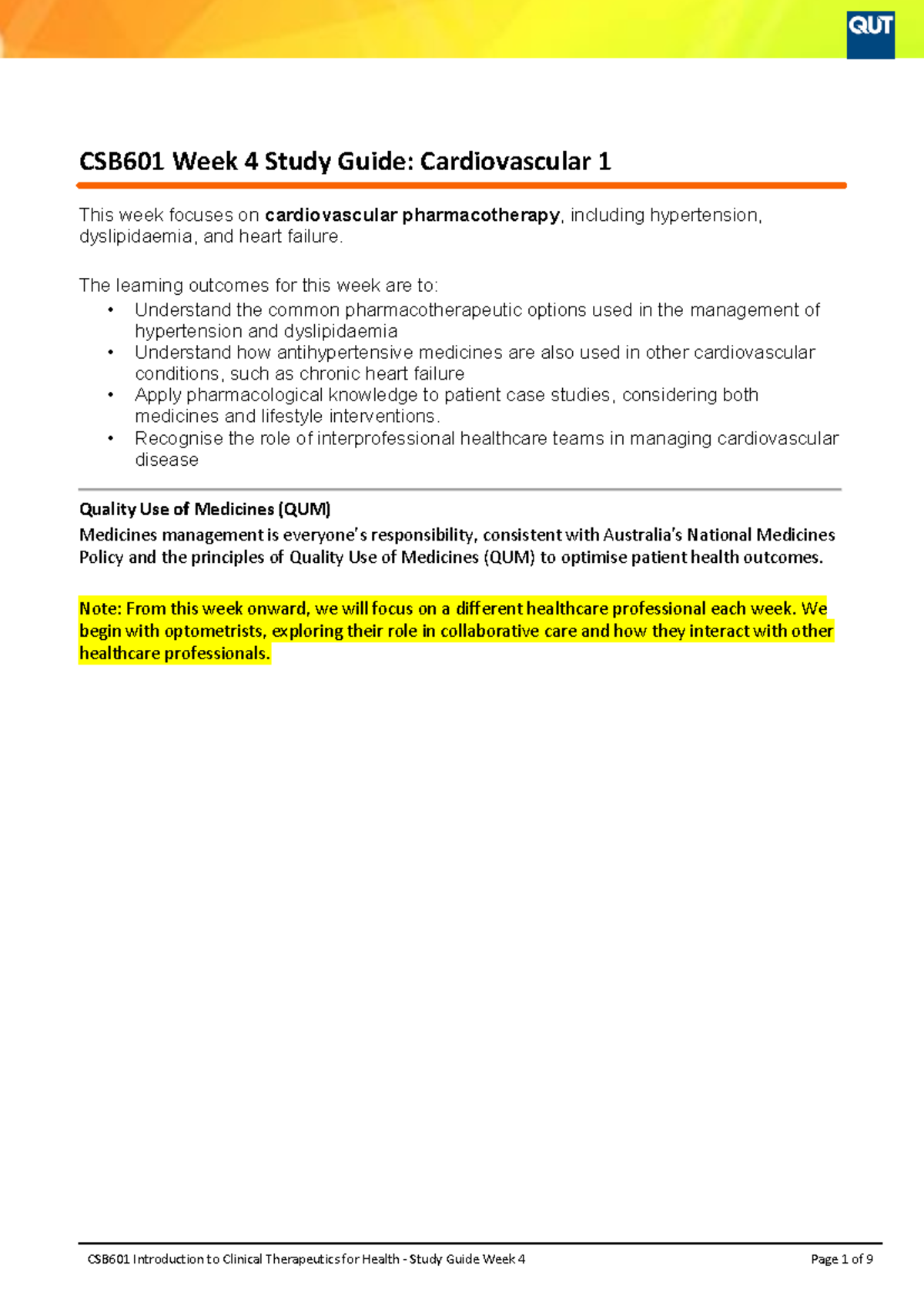 CSB601 Week 4 Study Guide: Cardiovascular Pharmacotherapy - Studocu