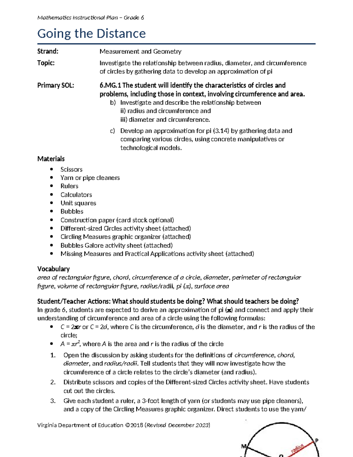 Mathematics Instructional Plan for Grade 6: Exploring Circles and Pi ...