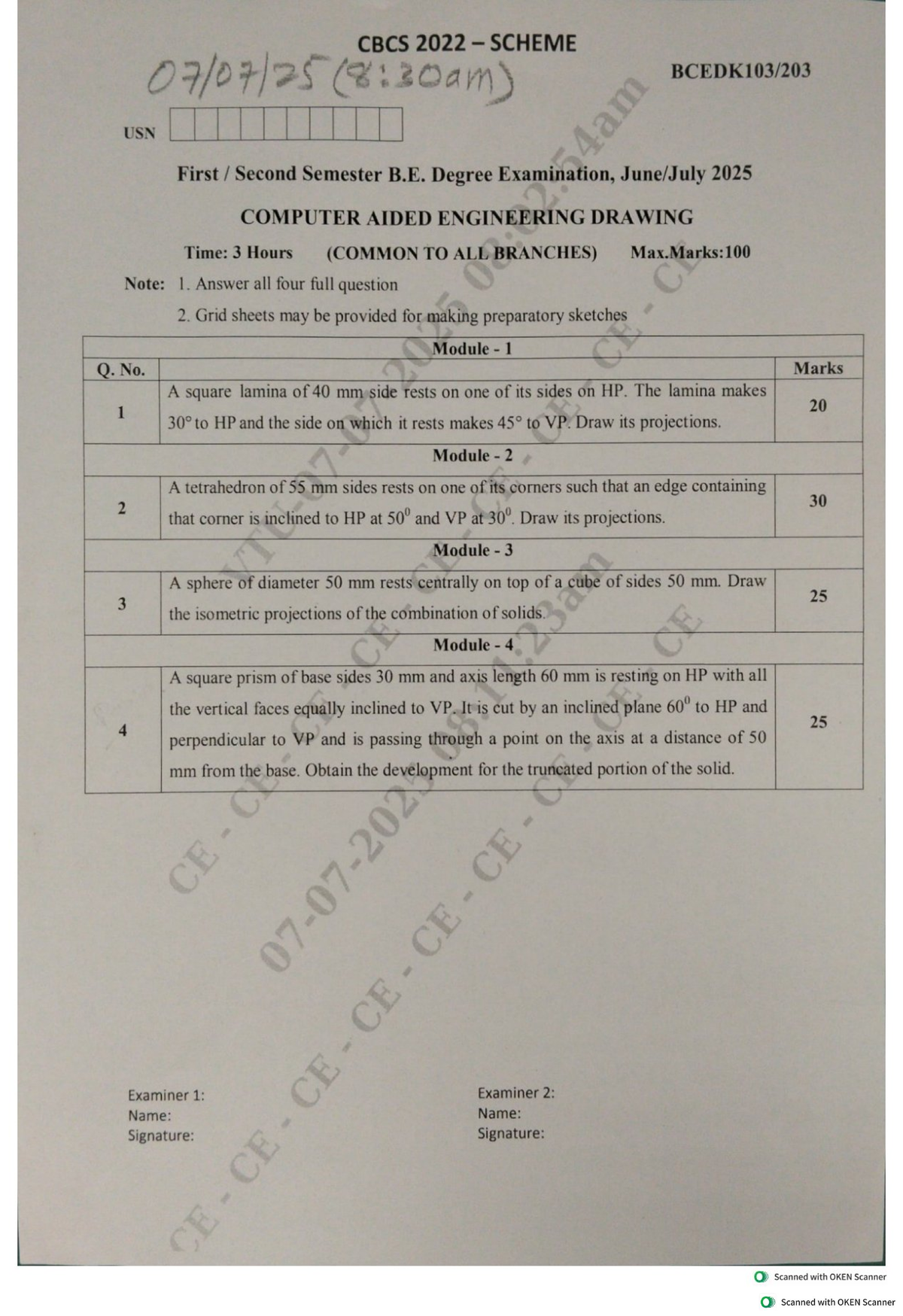 CAED QP June 2025 - Previous Year Question Paper for B.E. Degree Exam ...