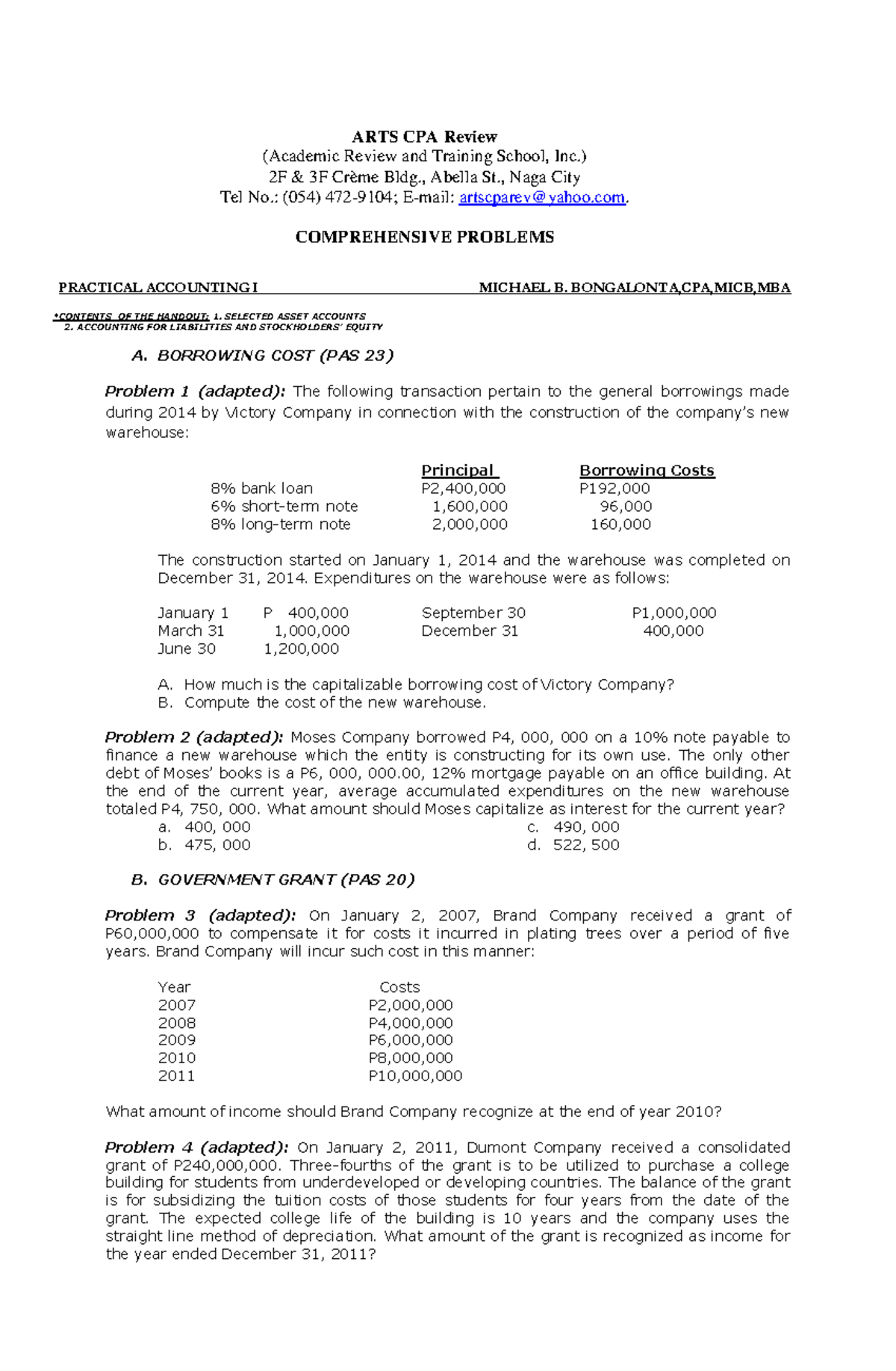Comprehensive Problems for Practical Accounting I (ARTS CPA Review ...