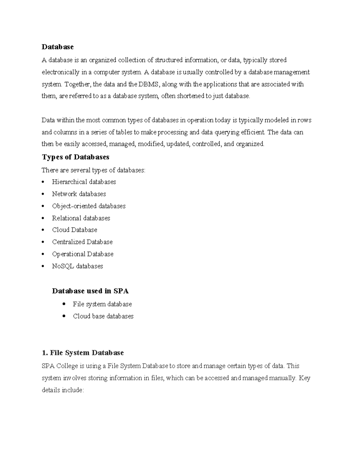 Database Systems Overview: Types & Uses at SPA College - Studocu
