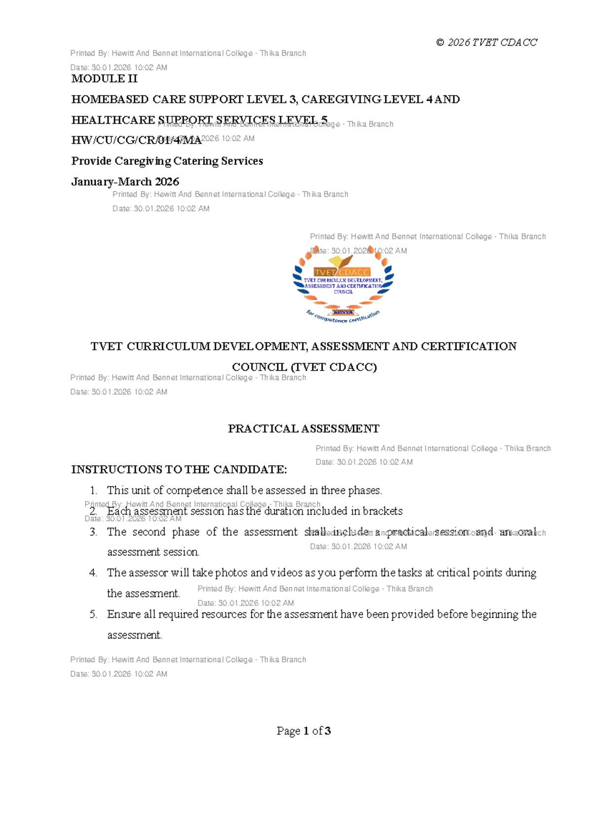 TVET CDACC 2026: Practical Assessment in Homebased Care & Catering ...