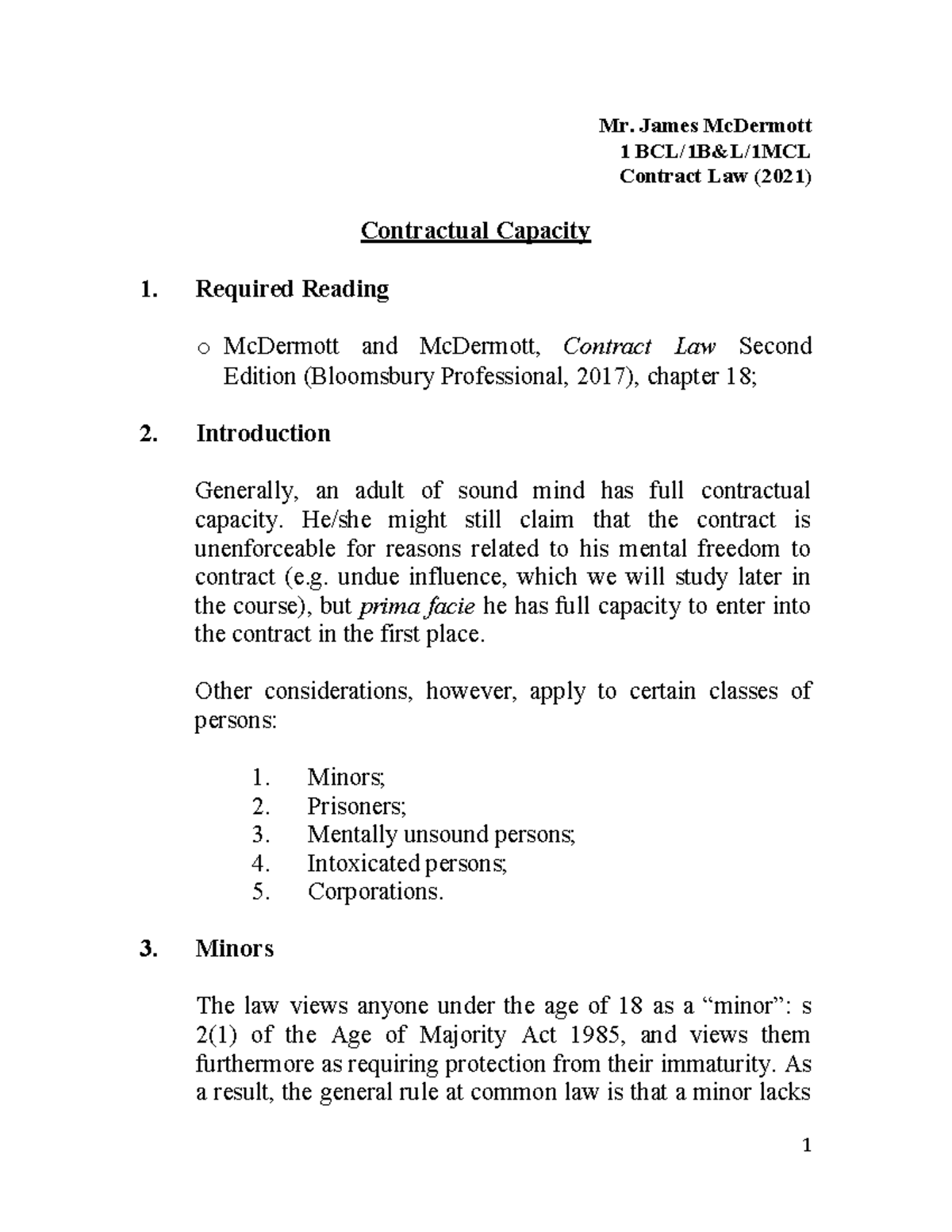 Contract Law 2021: Understanding Contractual Capacity and Minors - Studocu