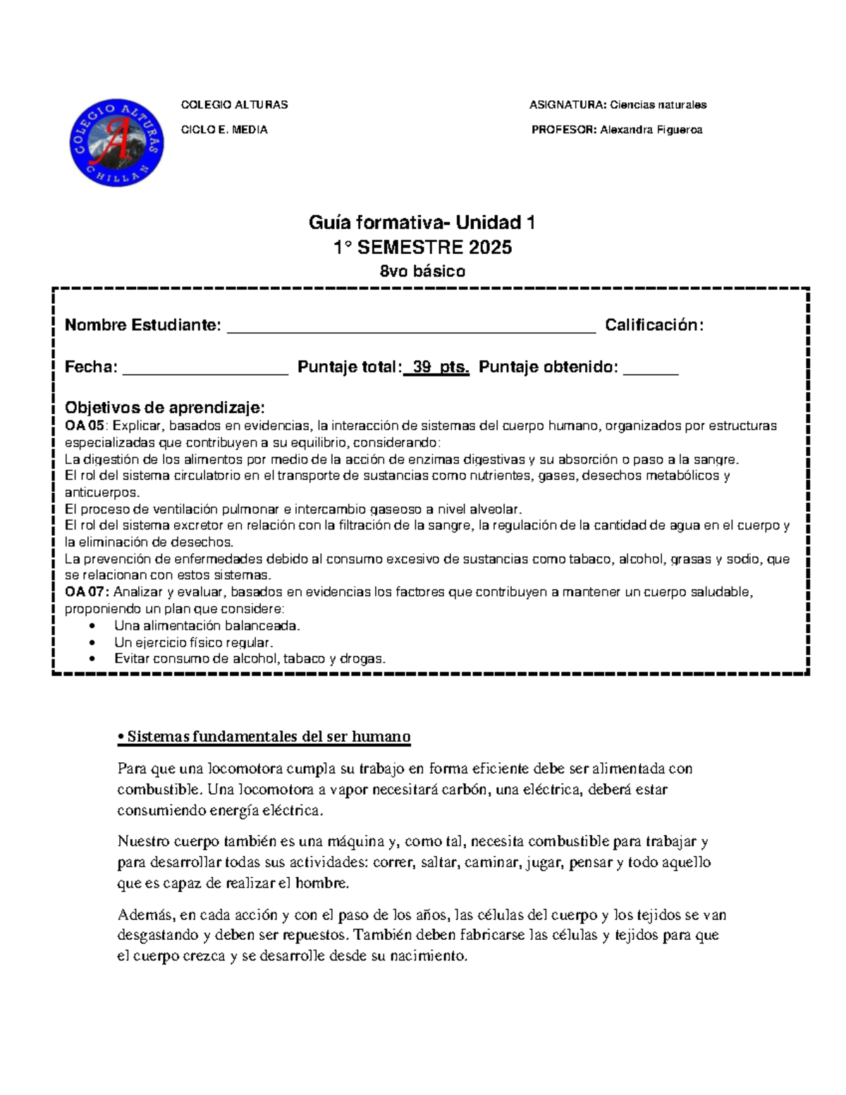 Guía Formativa 8vo Básico: Ciencias Naturales - Unidad 1 (Sem. 2025 ...