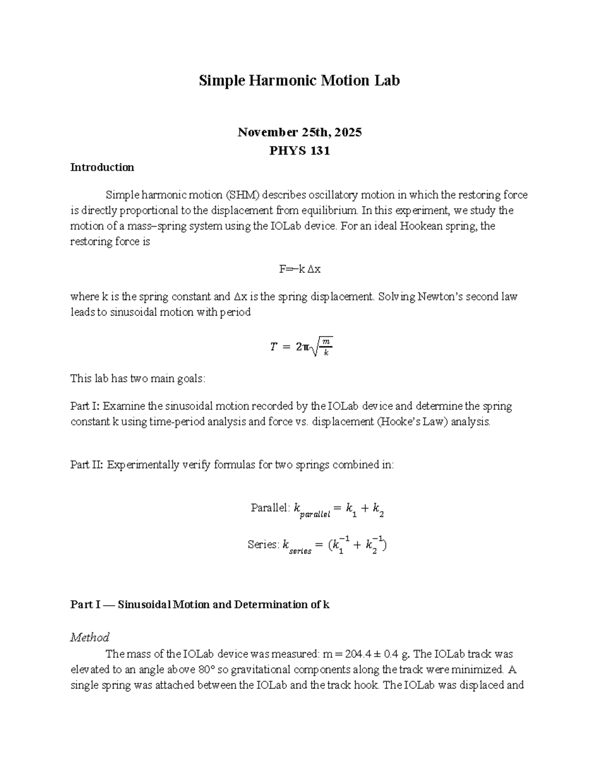 PHYS 131 Lab: Simple Harmonic Motion Analysis and Results - Studocu