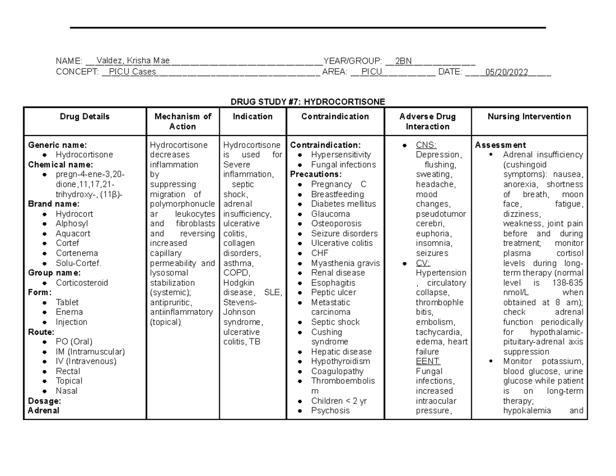 DRUG Study #7: Hydrocortisone - Mechanism, Uses, and Nursing Care - Studocu