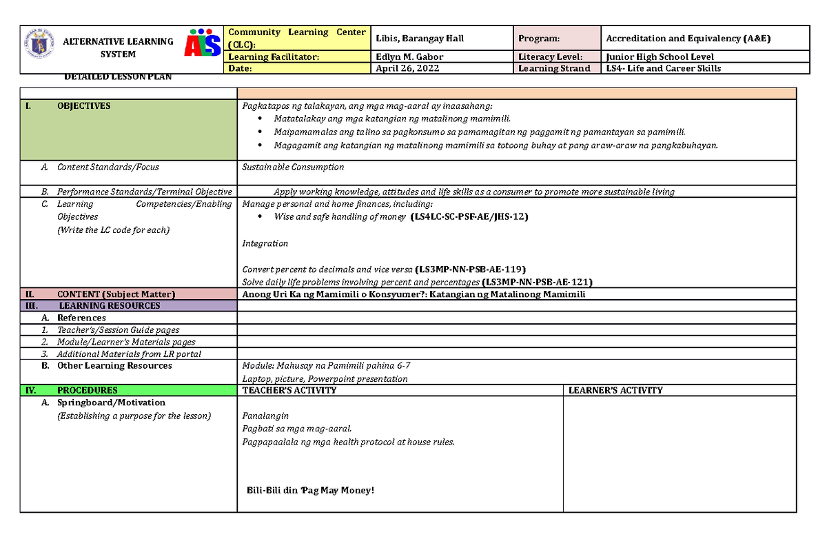 1st COT LP - Katangian ng Matalinong Mamimili at Practical Skills - Studocu