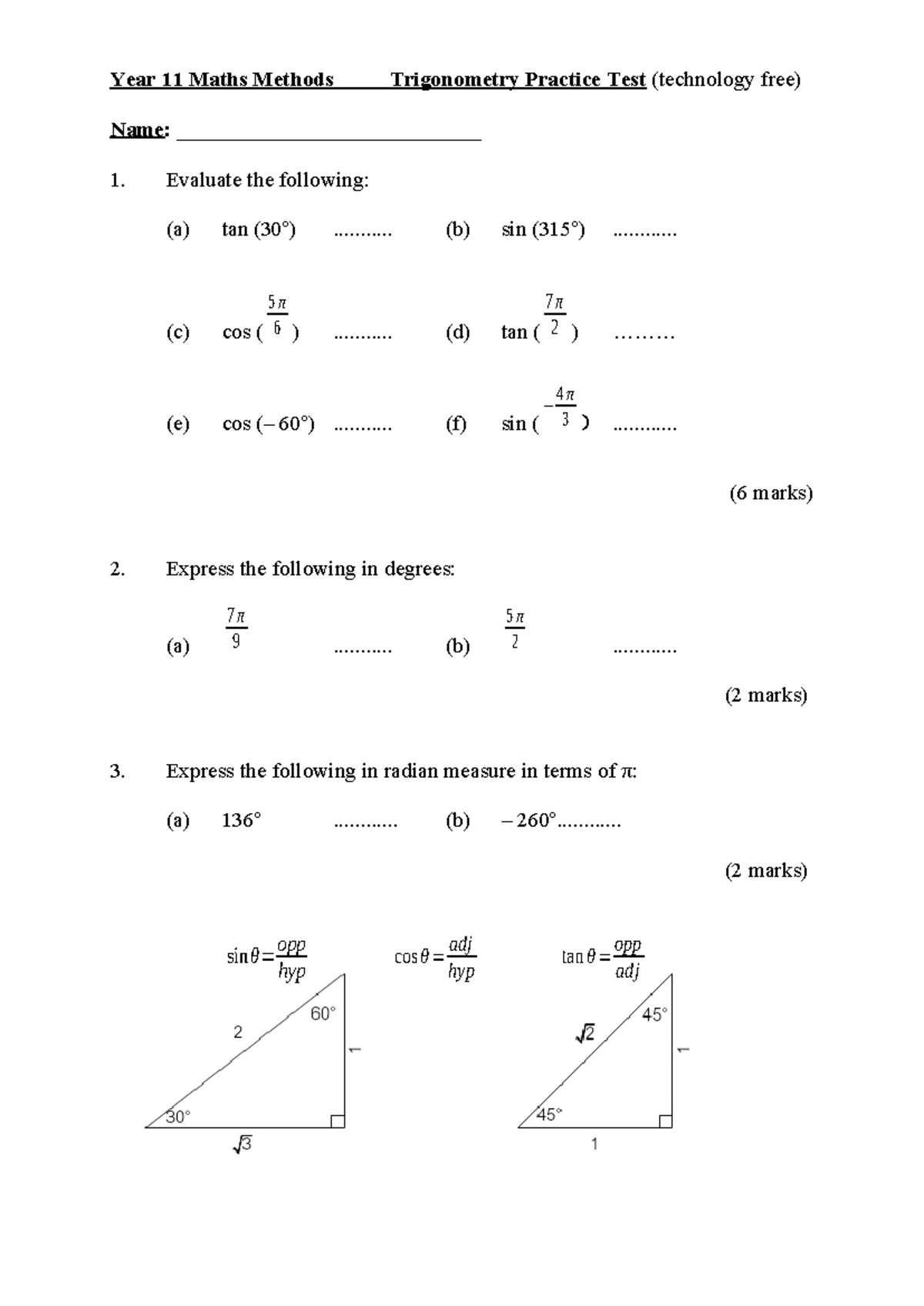Year 11 Maths Methods: Trigonometry Practice Test 2024 - Studocu