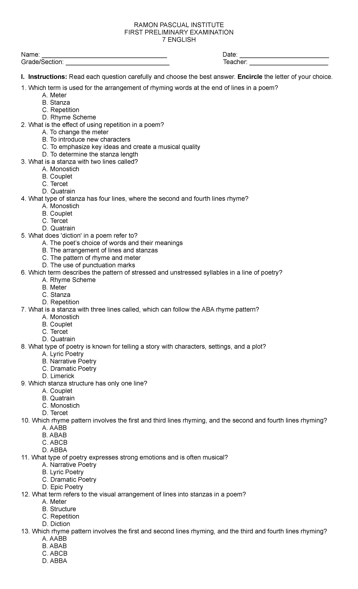 Grade 7 English Q1 Preliminary Exam Questions and Answers - Studocu