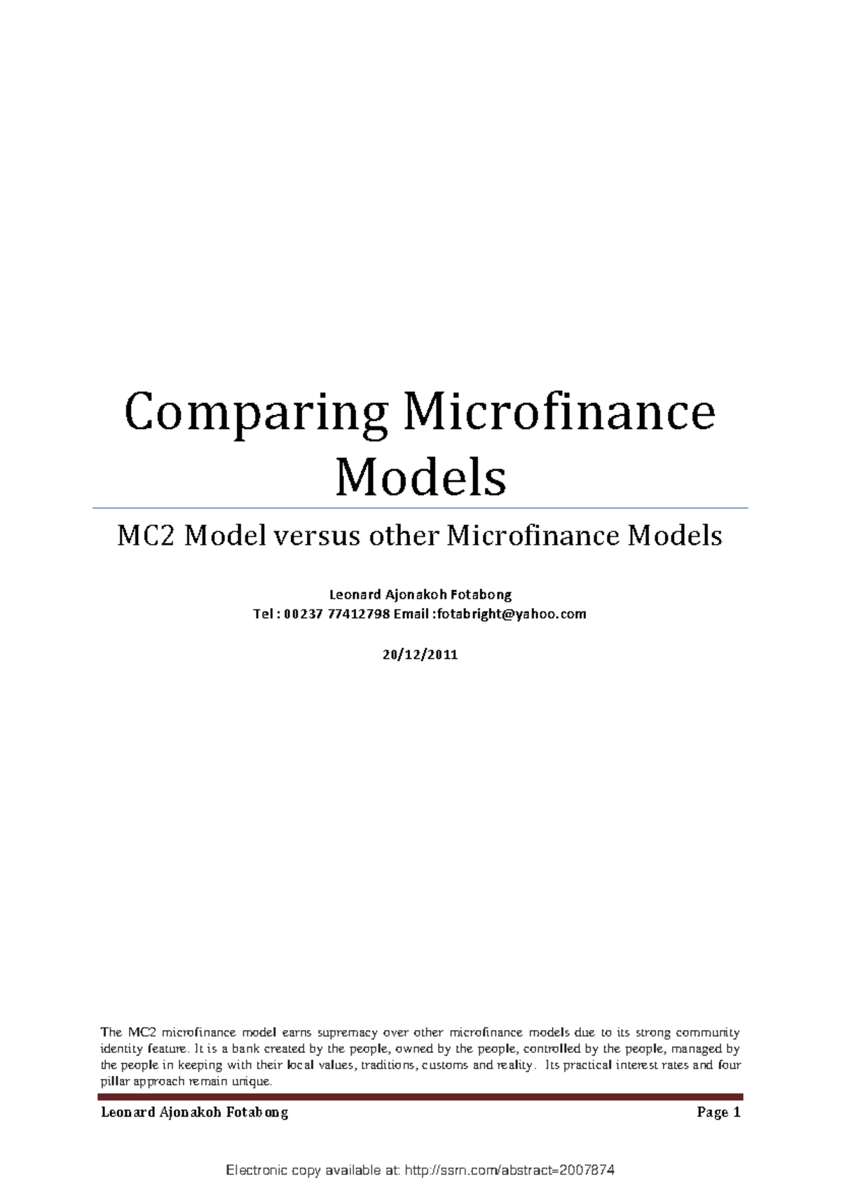 Comparative Analysis of Microfinance Models: MC2 vs Others (MC2) - Studocu