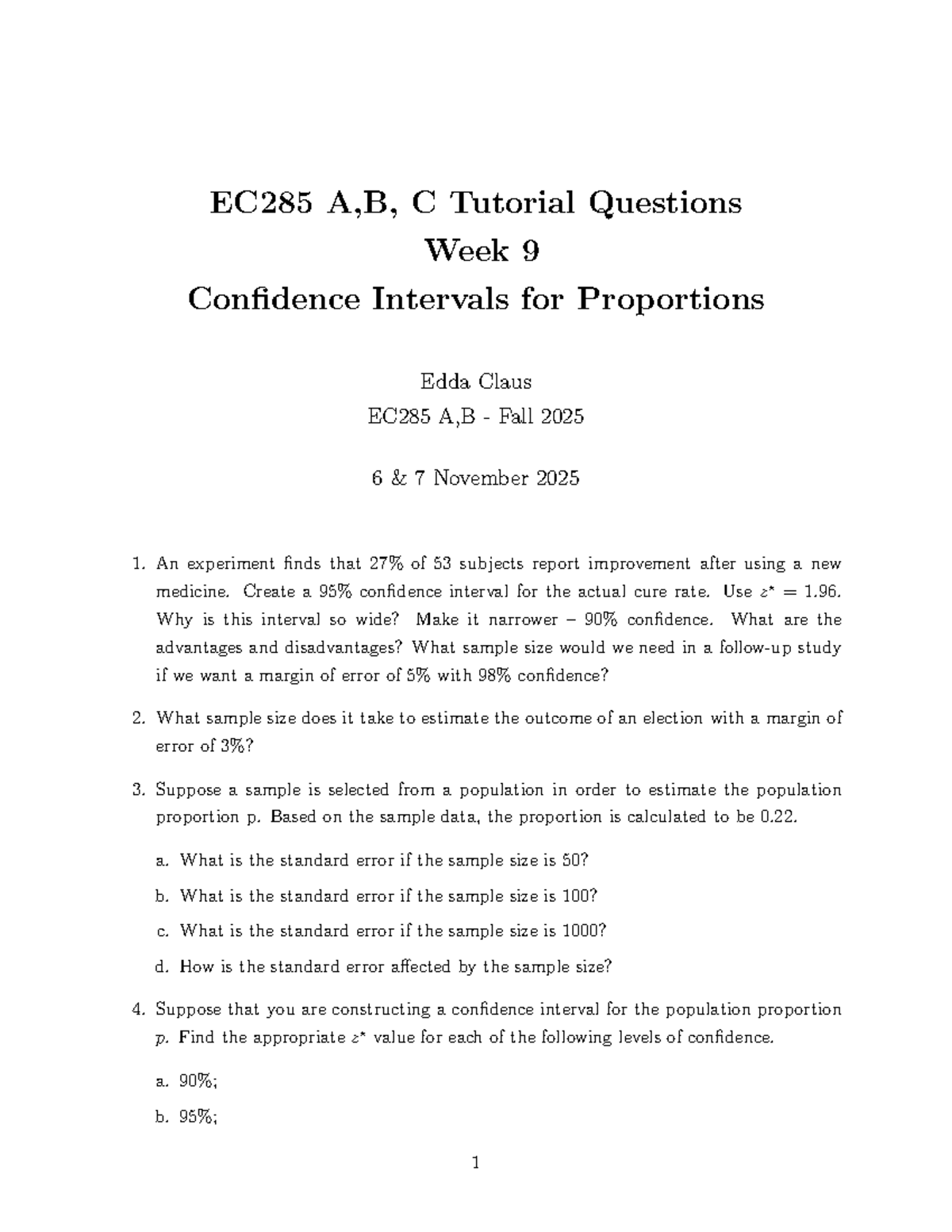 EC285 A,B Week 9 Tutorial: Confidence Intervals for Proportions - Studocu