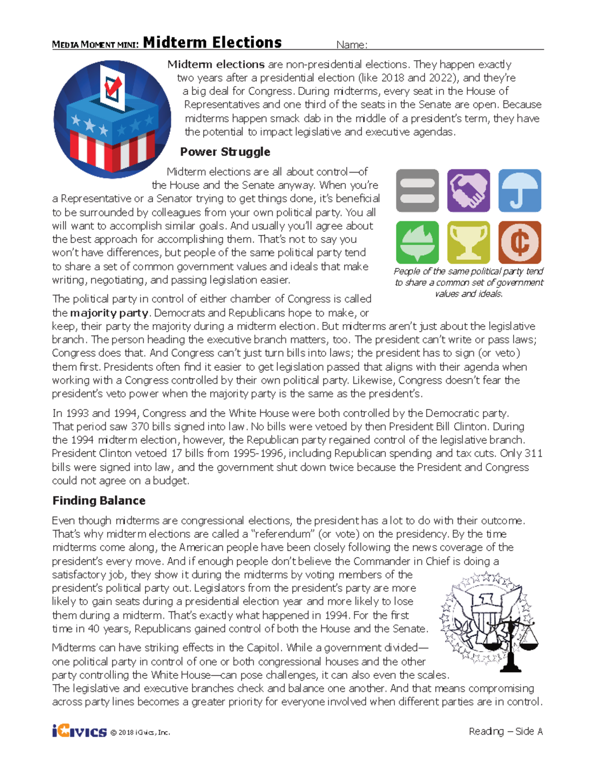 Midterm Elections Student Docs - © 2018 iCivics, Inc. Reading ̶ Side A ...