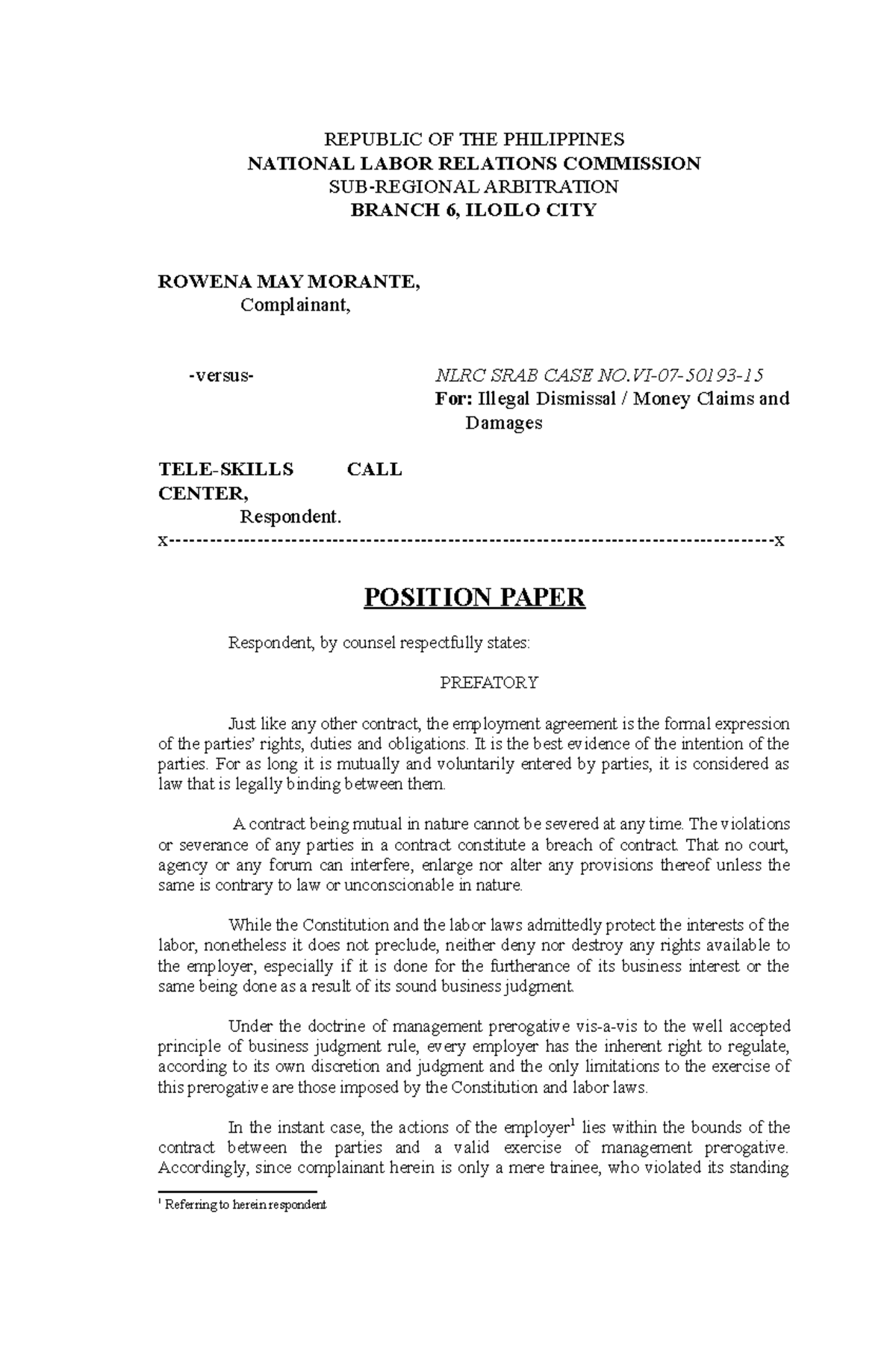 Position Paper on NLRC Case No. 07-50193: Illegal Dismissal Claims ...