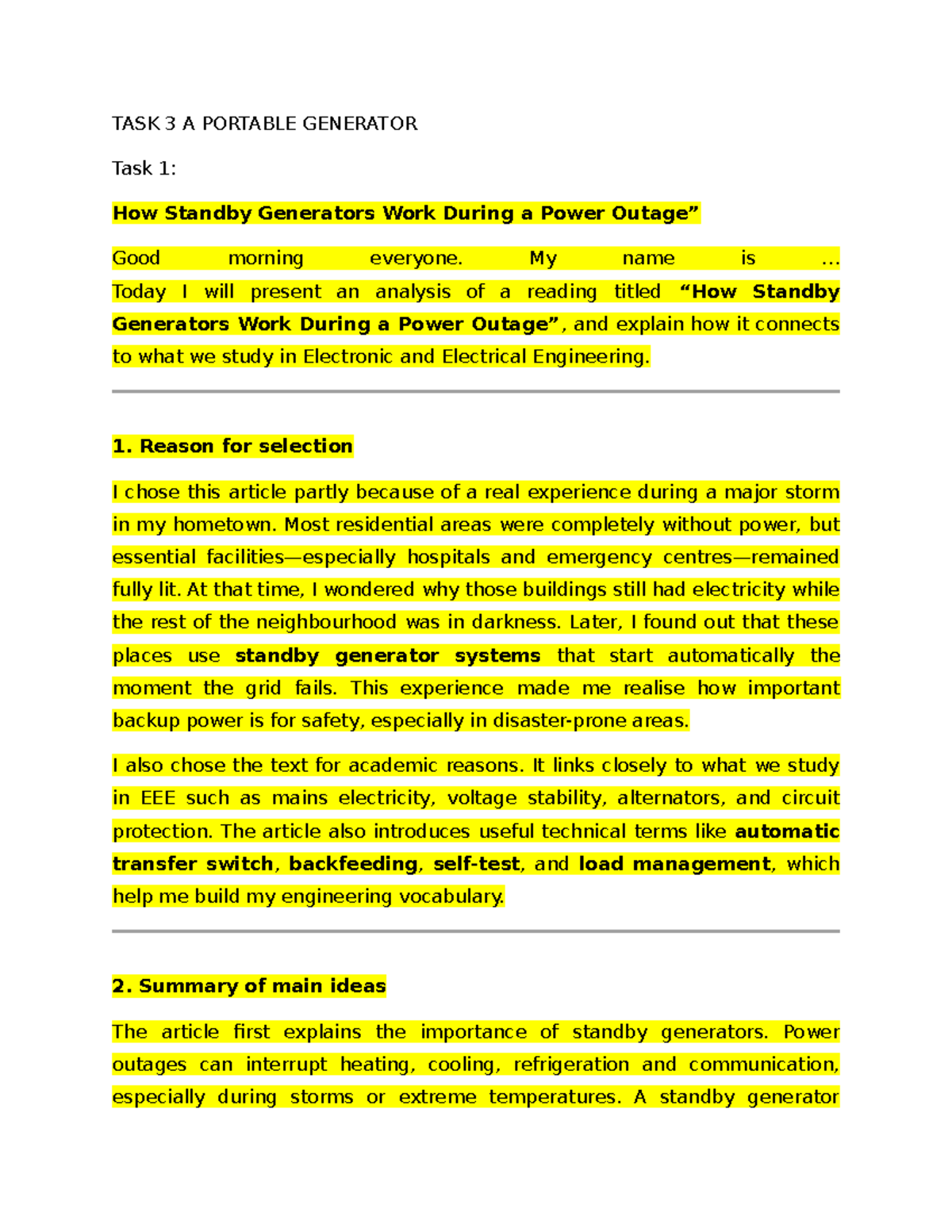 TASK 3: Analysis of Portable Generators and Their Operation - Studocu