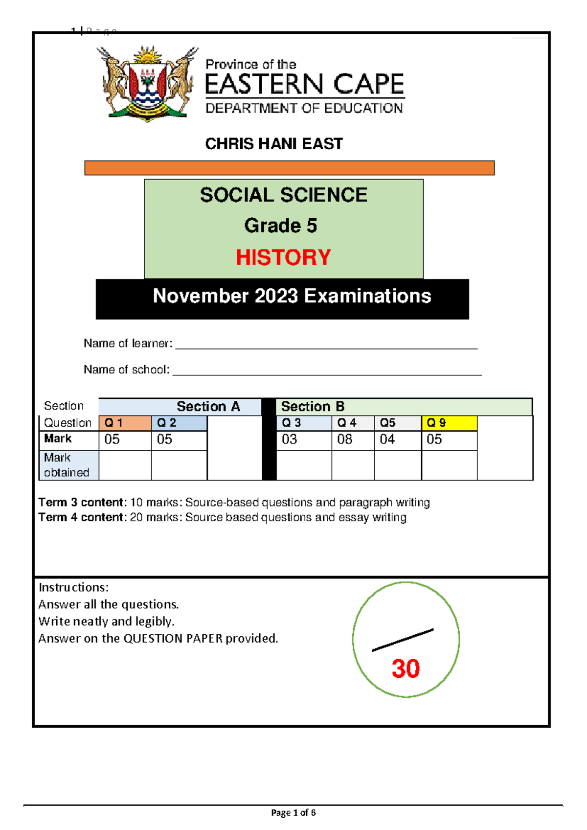 History Grade 5 November 2023 Term 4 Exam Paper - Studocu