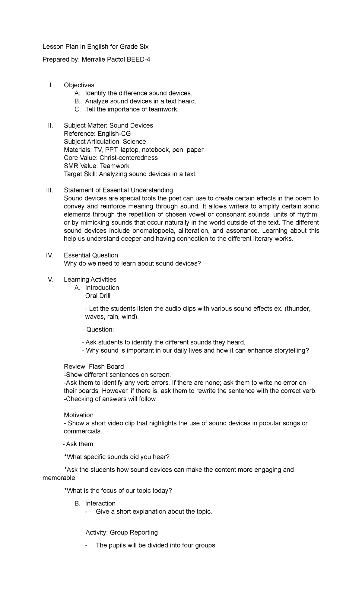 Lesson Plan for Grade 6 English: Exploring Sound Devices - Studocu