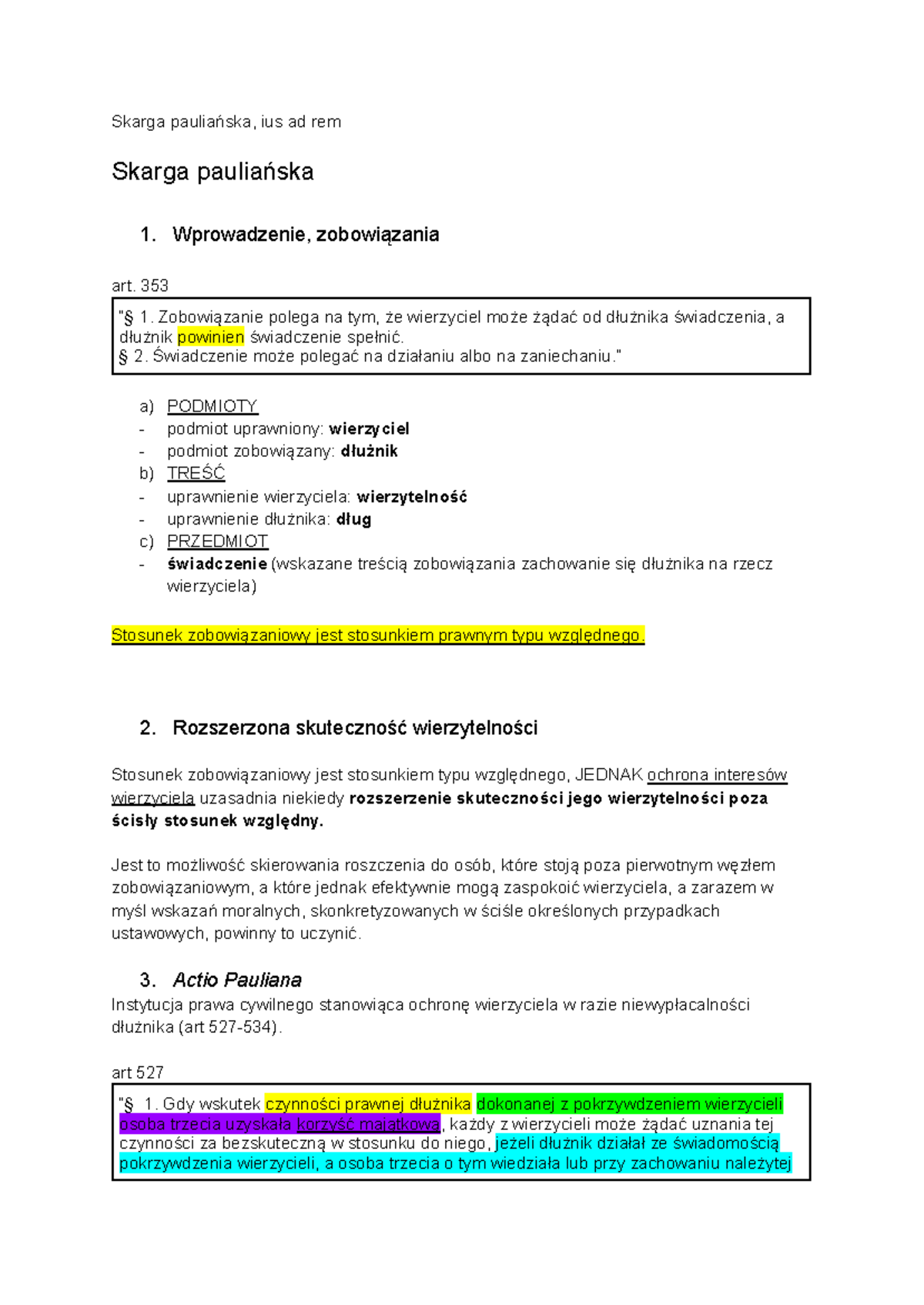 Cywilne-kolos-3 - Skarga pauliańska, ius ad rem Skarga pauliańska 1 ...