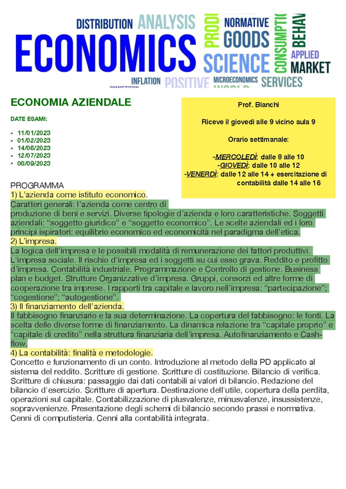 Economia Aziendale: Programma e Dettagli degli Esami - Studocu
