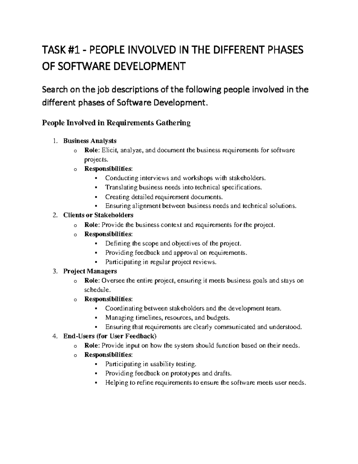 TASK #1 - People Involved IN THE Different Phases OF Software Development - TASK #1 - PEOPLE ...