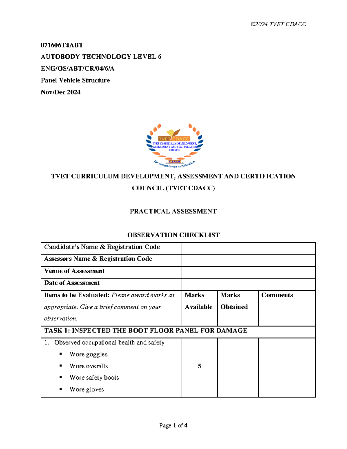Observation Checklist for Vehicle Structure Assessment Level 6 ...
