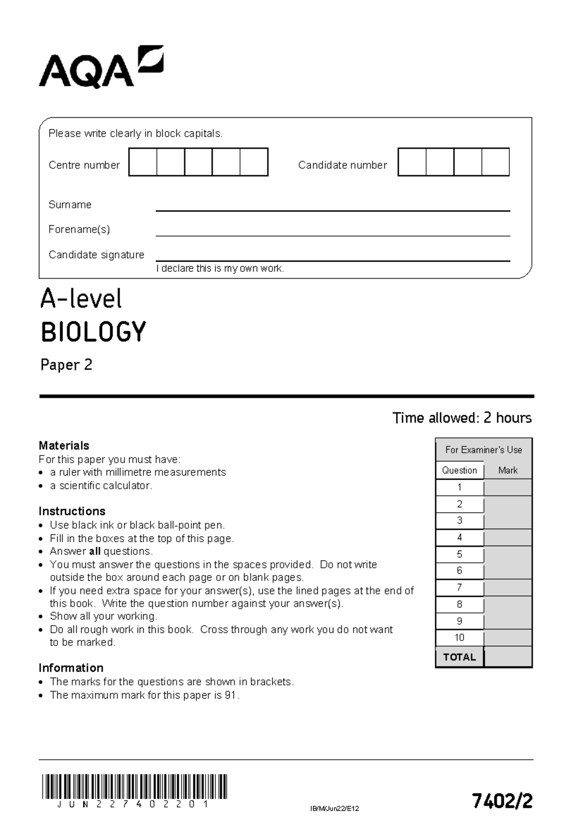 June 2022 Biology Paper 2 Exam Instructions and Questions - Studocu