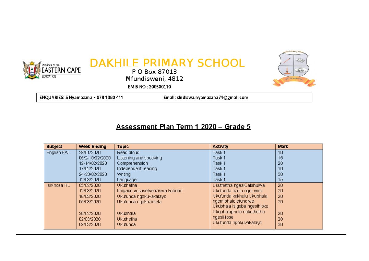 Grade-5- Assessment PLAN - EMIS NO : 200500110 Assessment Plan Term 1 ...