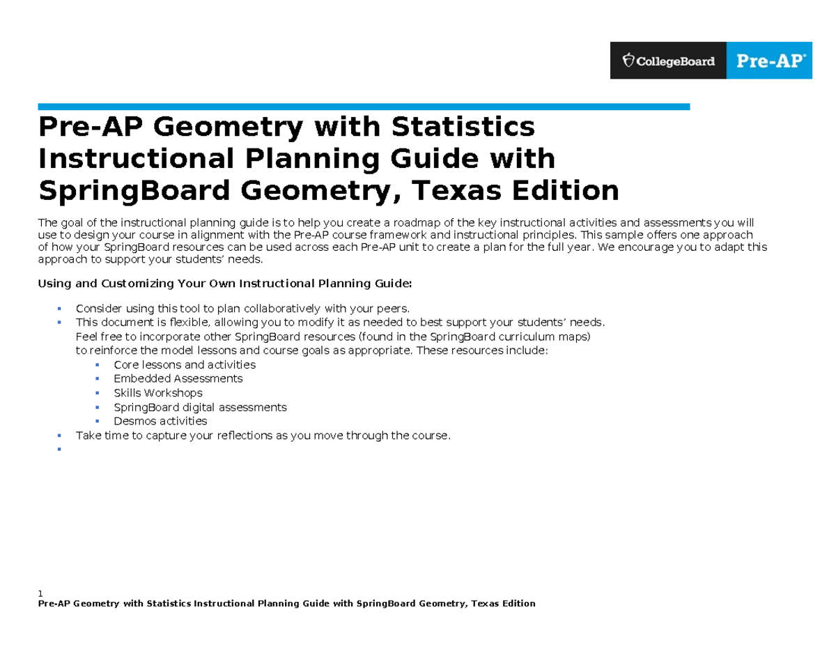 Pre-AP Geometry with Statistics Instructional Planning Guide, Texas ...