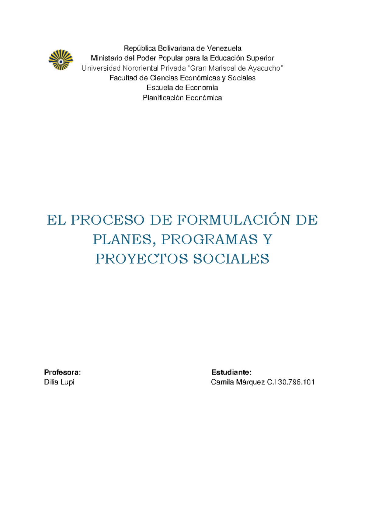 Formulación de Planes, Programas y Proyectos Sociales - ECN 30 - Studocu