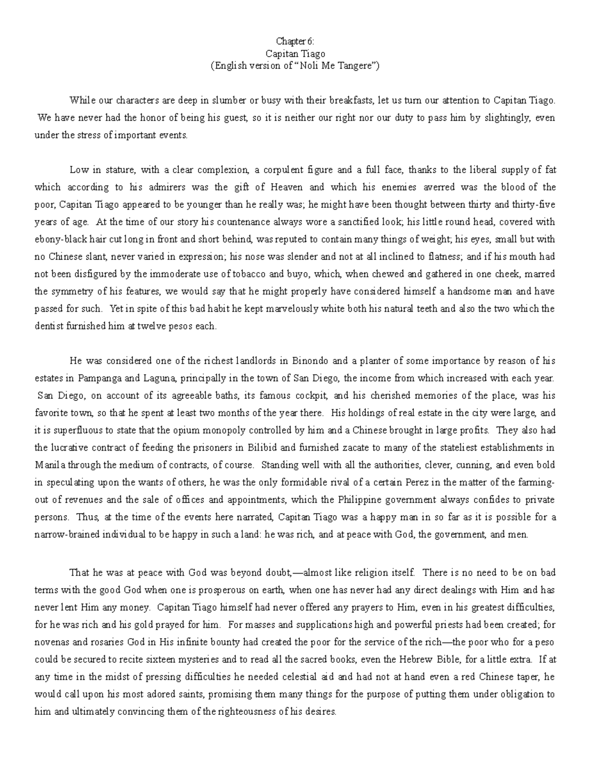 Chapter 6: Capitan Tiago in Noli Me Tangere (English Translation) - Studocu