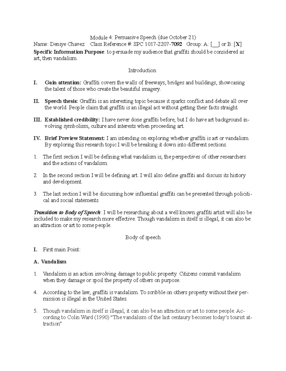 Persuasive speech outline - Module 4: Persuasive Speech (due October 21 ...