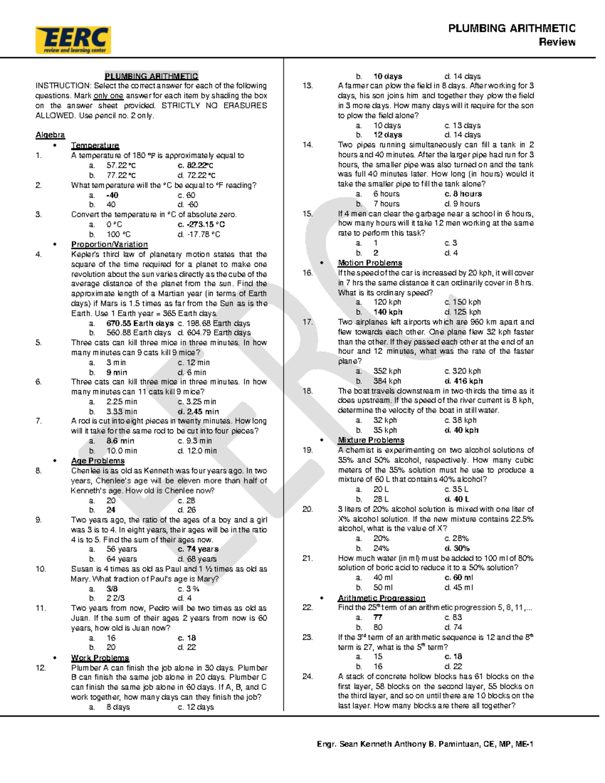 MP Review - Plumbing Arithmetic Quiz Handout - Studocu