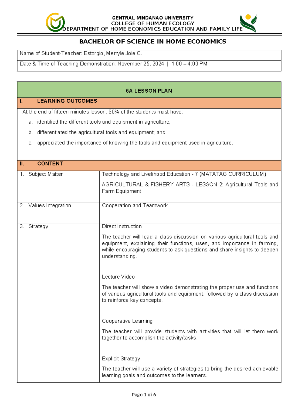 Lesson Plan for TLE 7: Agricultural Tools & Equipment Teaching - Studocu