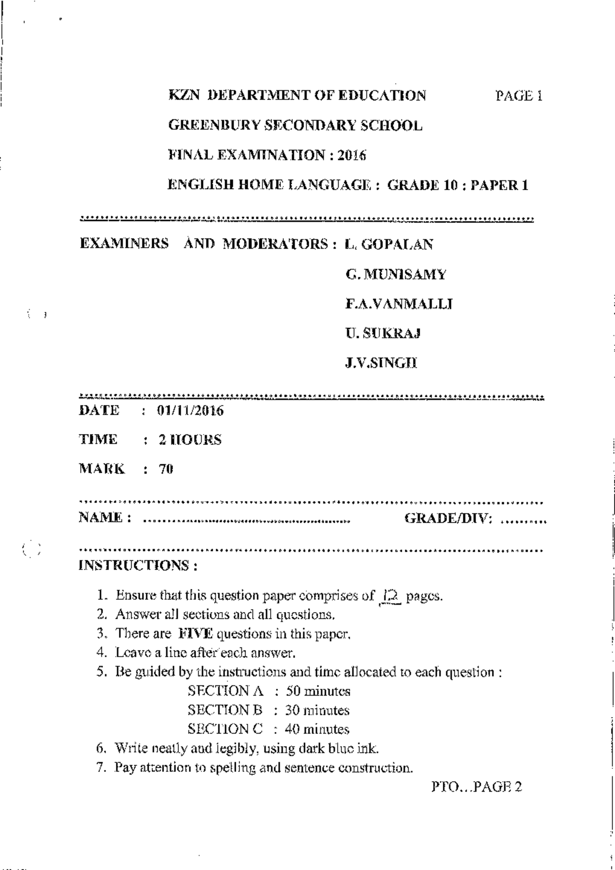 2016 ENG HL GRADE 10 FINAL EXAM P1 MEMO - Studocu