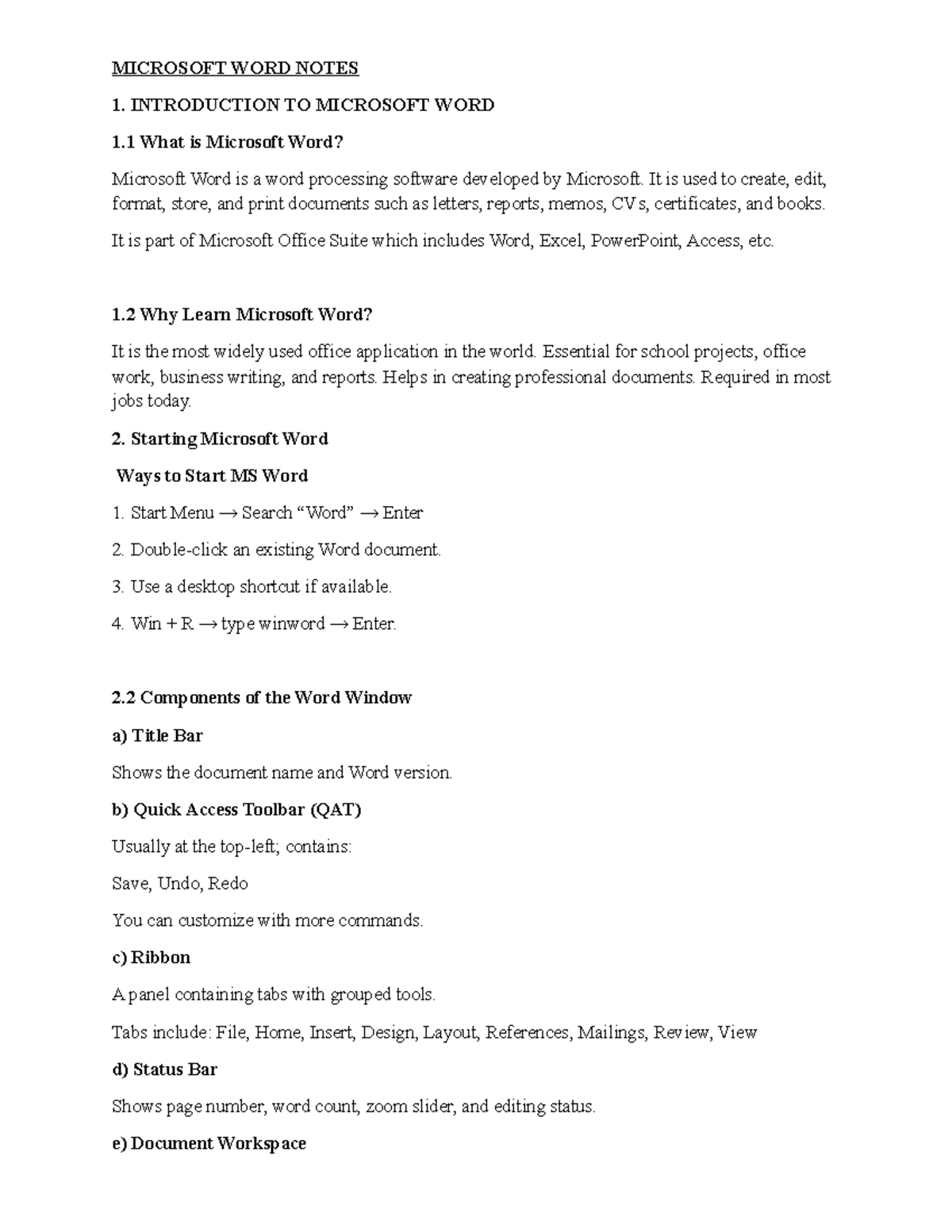 MS WORD Notes: Introduction & Essential Features Overview - Studocu
