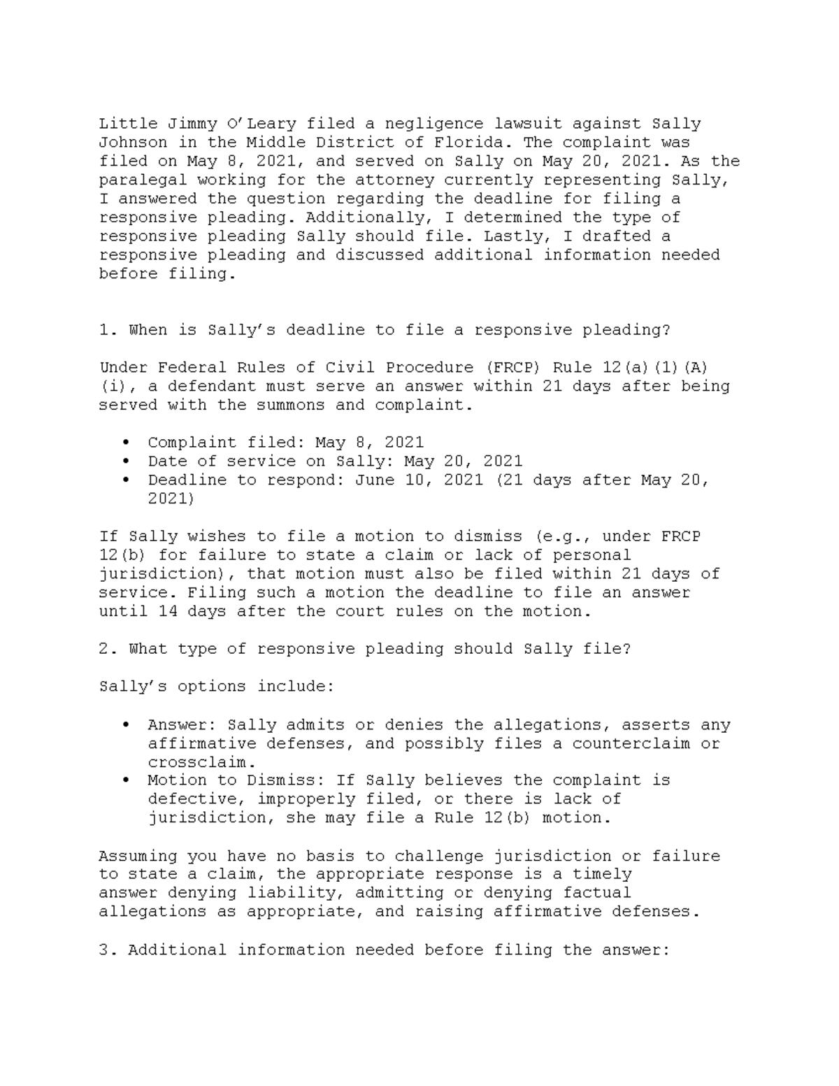 W4P1 Responsive Pleading Analysis for Sally Johnson's Case - Studocu