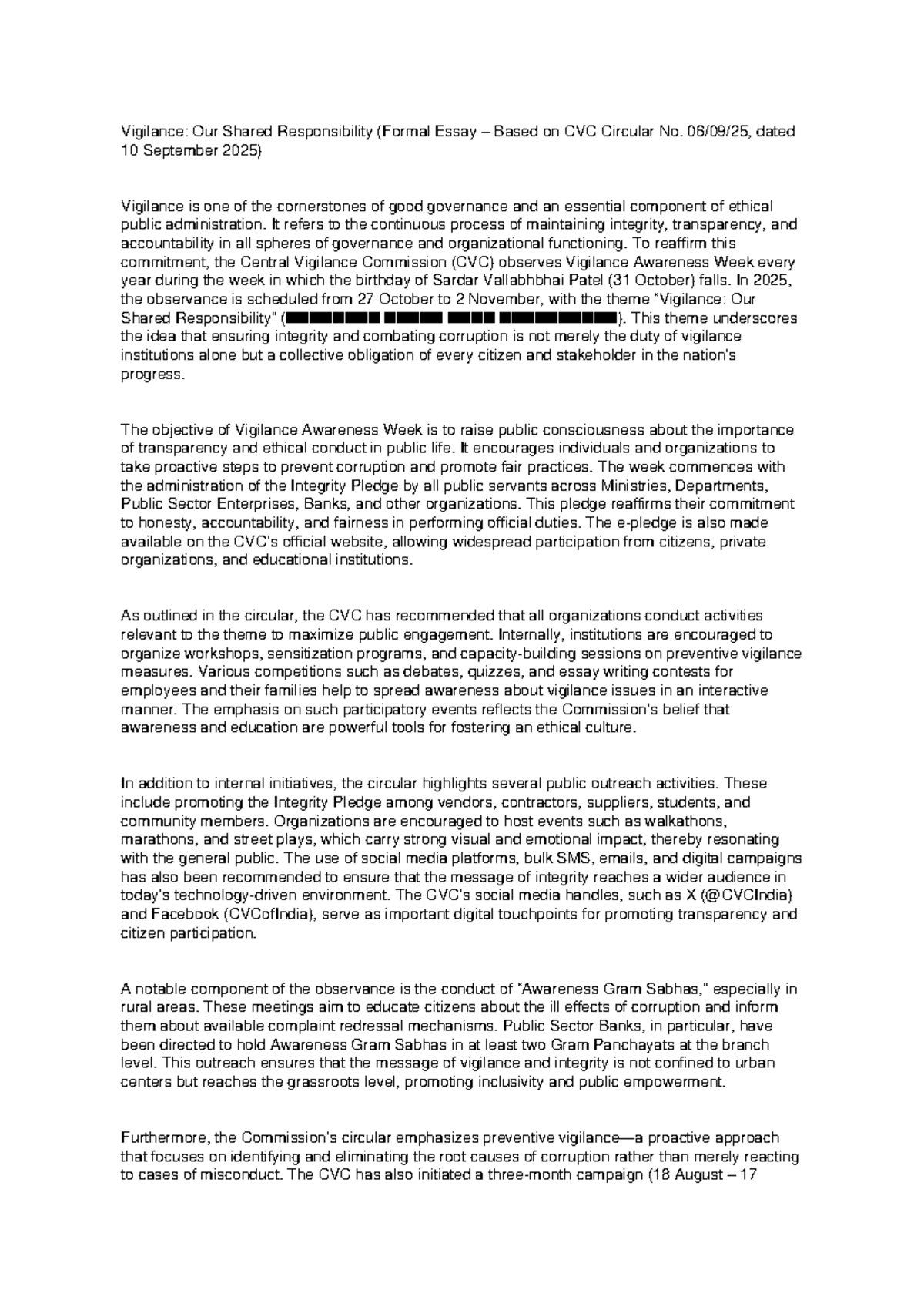 Vigilance Awareness Week 2025: Our Shared Responsibility Essay - Studocu