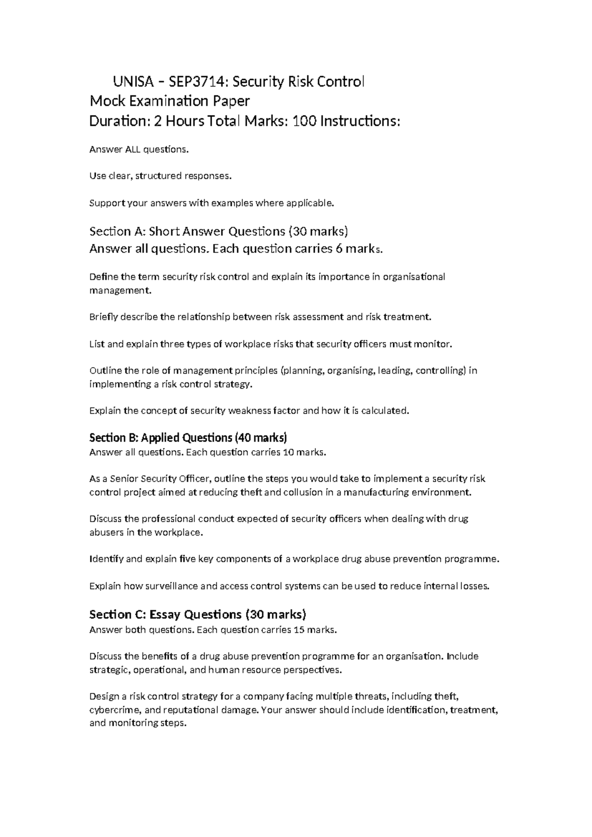 UNISA SEP3714: Security Risk Control Mock Exam Paper Guide - Studocu