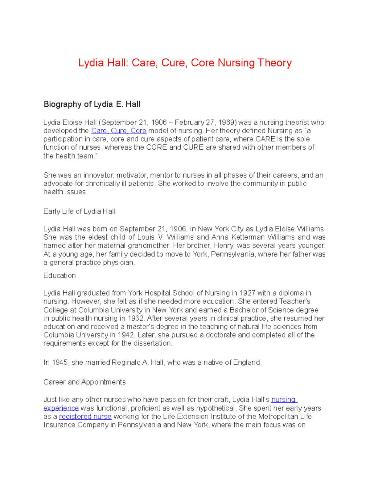 Lydia-Hall - TFN - Lydia Hall: Care, Cure, Core Nursing Theory ...