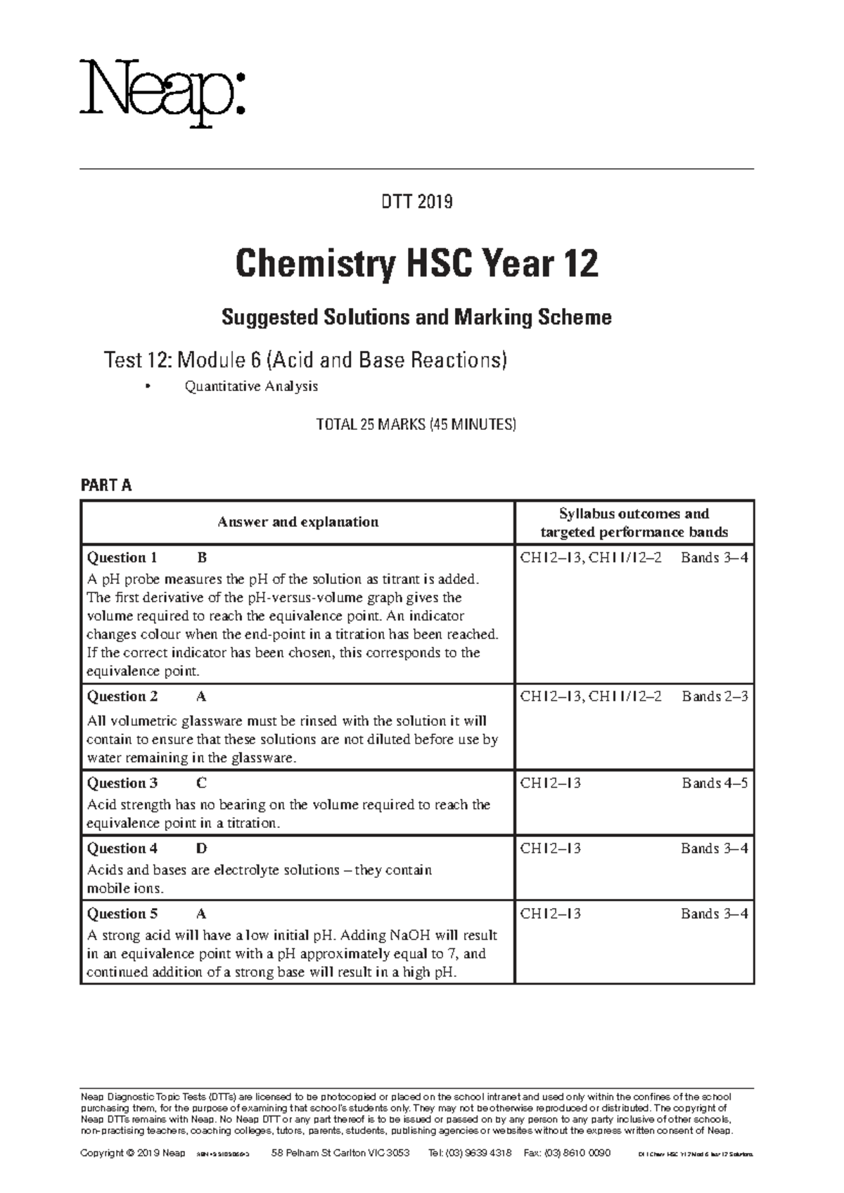 DTT 2019 Chemistry HSC Year 12 Test 12 Solutions: Module 6 Acid-Base ...