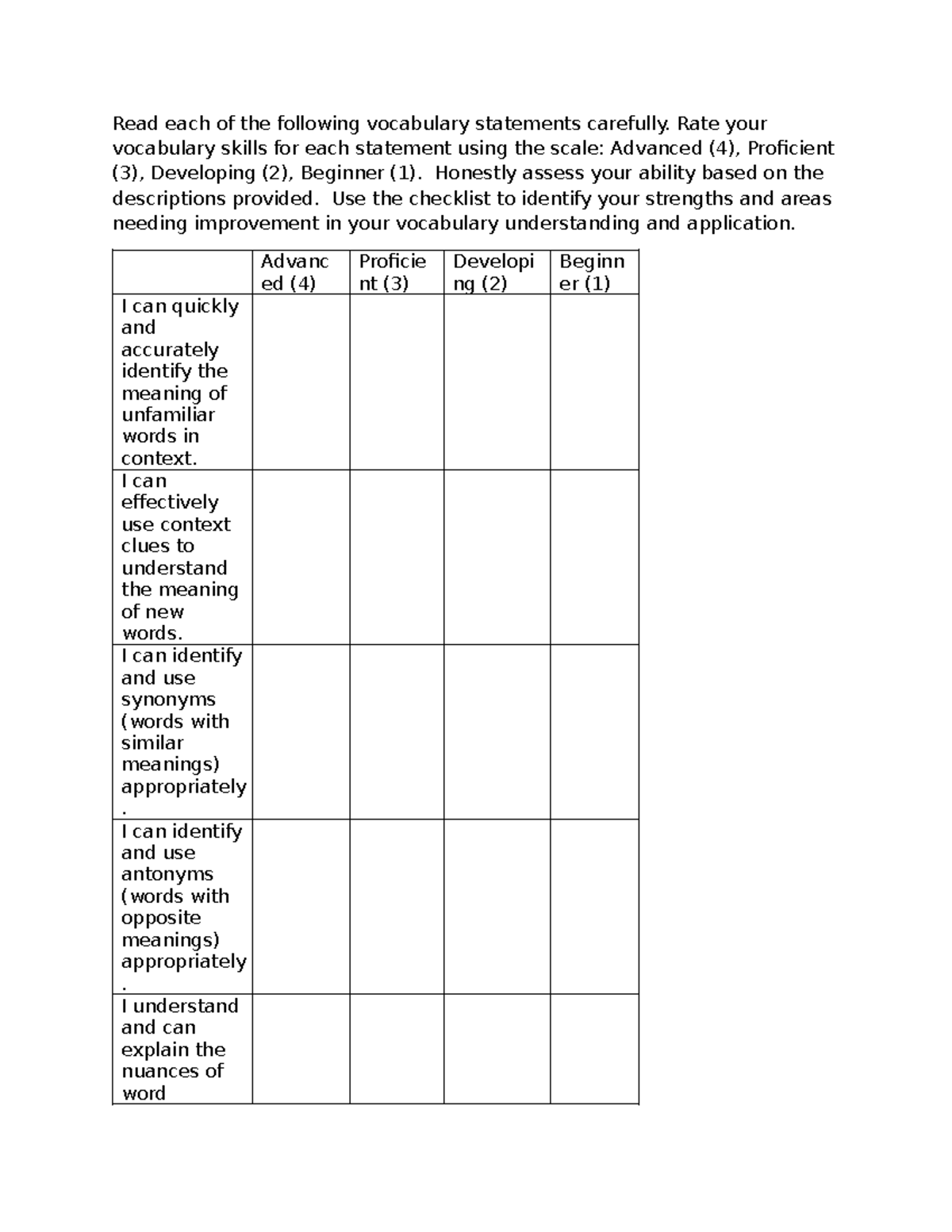 Vocabulary Skills Assessment Rubric - Effective Vocabulary Use - Studocu