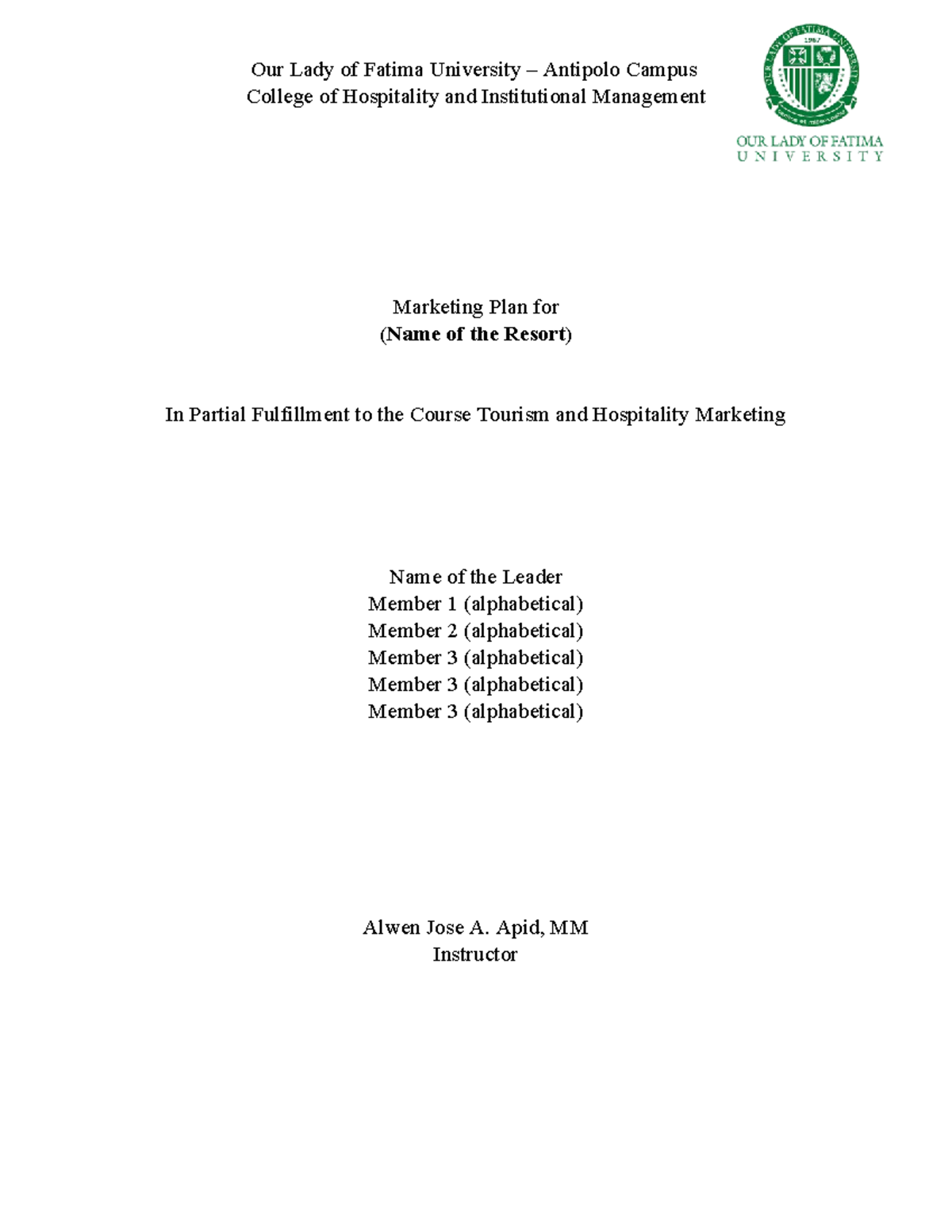 Marketing-Plan-Template - Our Lady of Fatima University – Antipolo Campus College of Hospitality ...
