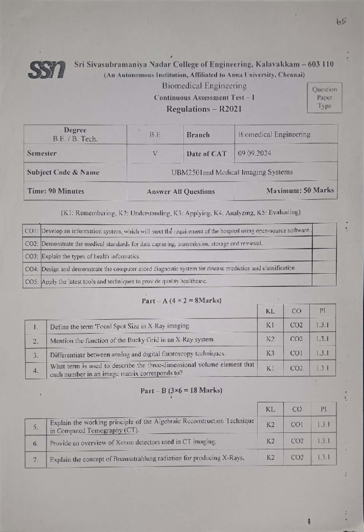 Continuous Assessment Test I - UBM2501 & UBM2541 - Biomedical ...