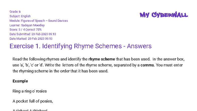 Identifying Rhyme Schemes - Answers - Read the following rhymes and ...