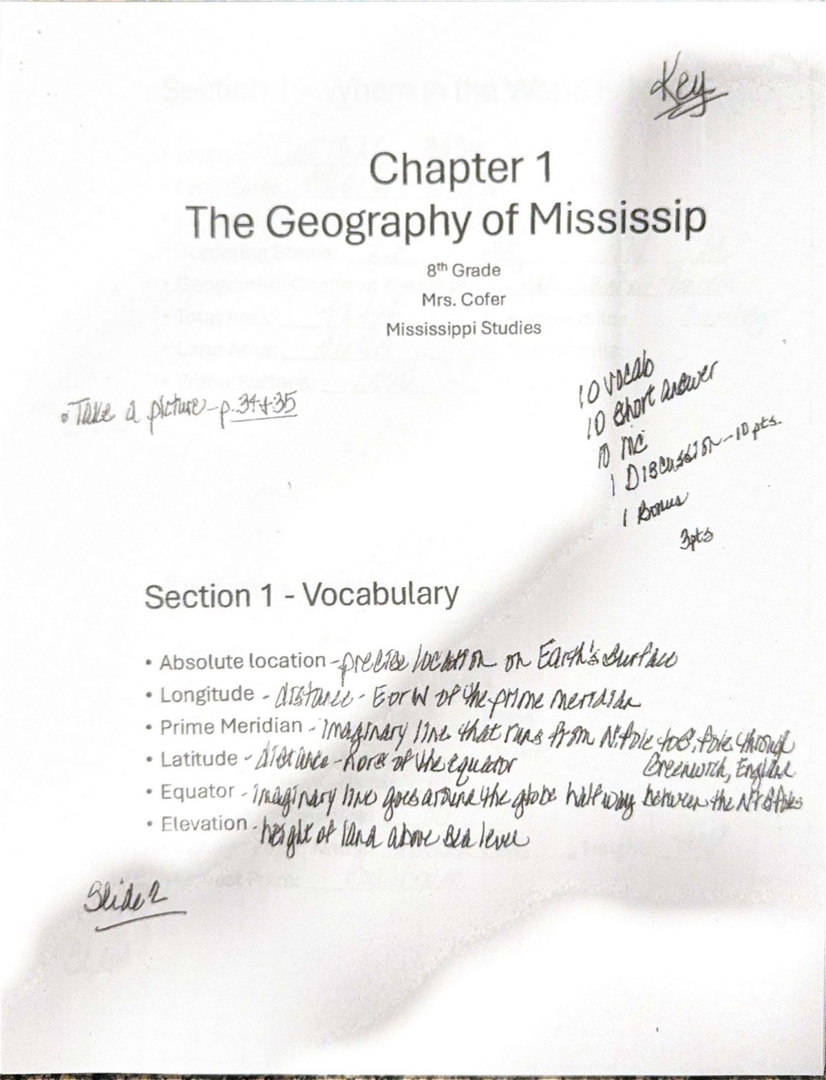 Key Chapter 1: The Geography of Mississippi (8th Grade, Mrs. Cofer ...