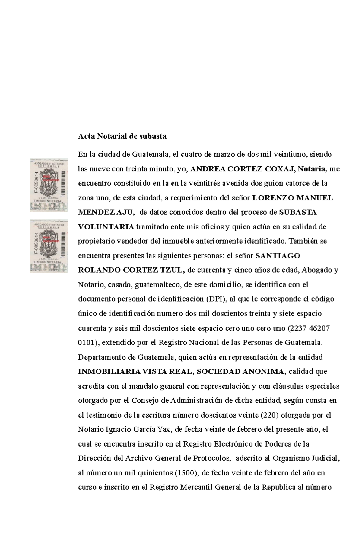 Acta notarial de subasta andrea - Acta Notarial de subasta En la ciudad ...