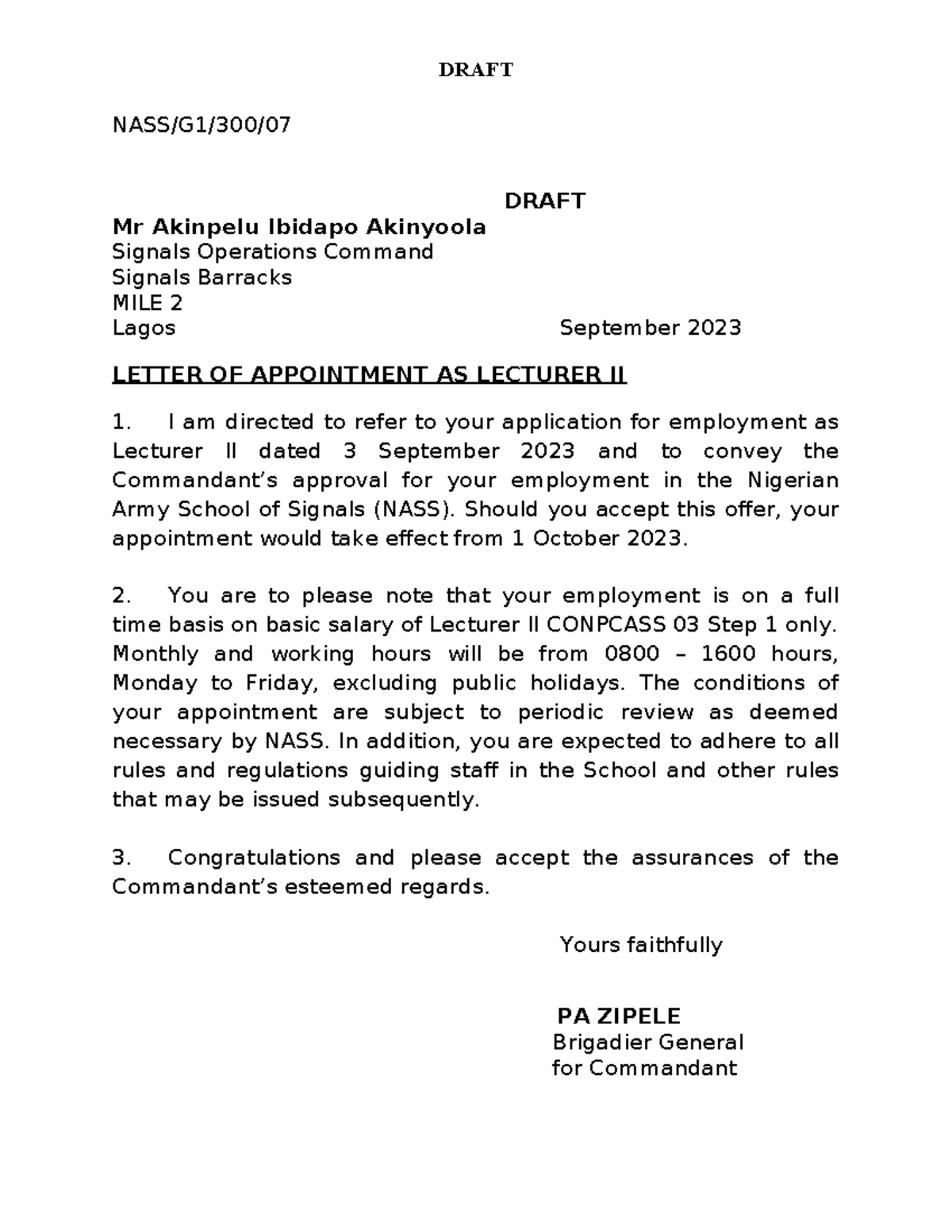 NASS Appointment Draft: Lecturer II Offer Letter - Sept 2023 - Studocu