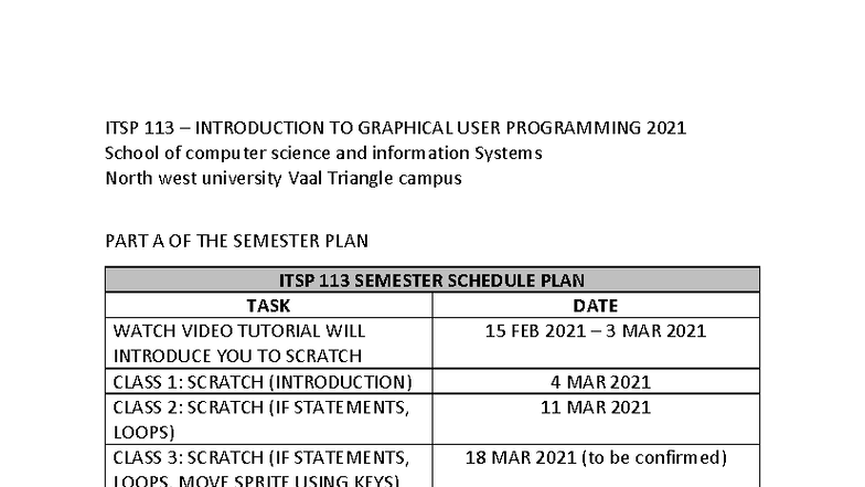 ITSP 113 Semester Schedule Plan 2021 for Graphical User Programming ...